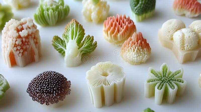 3D-printed Food Models on White Background, Showcasing Diverse Textures ...