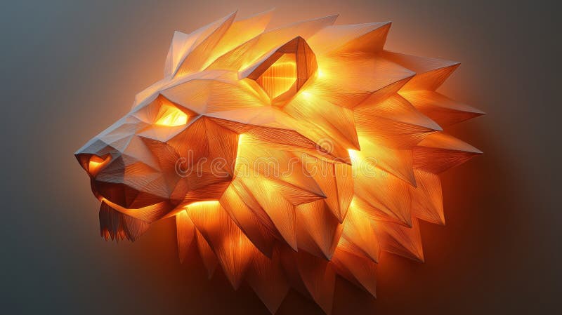 Geometric Papercraft Lion Head Lamp, Glowing Orange. Stock Illustration ...