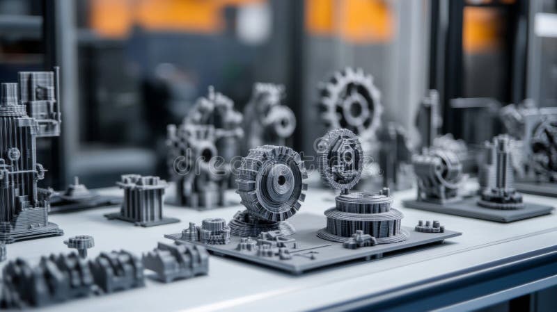 3D Printed Mechanical Gears and Components on a Display Table Stock ...