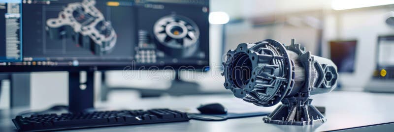 3D Printed Mechanical Part Displayed on a Desk with CAD Software in ...