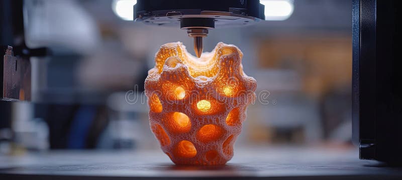 3D Printed Object Under Industrial Machine with Warm Light, Modern ...