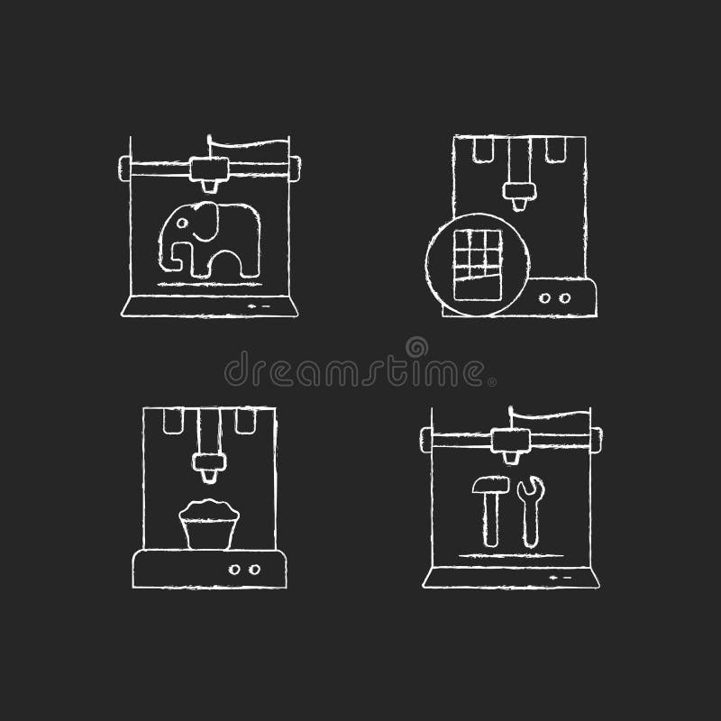 3d Printed Physical Objects Chalk White Icons Set on Dark Background ...