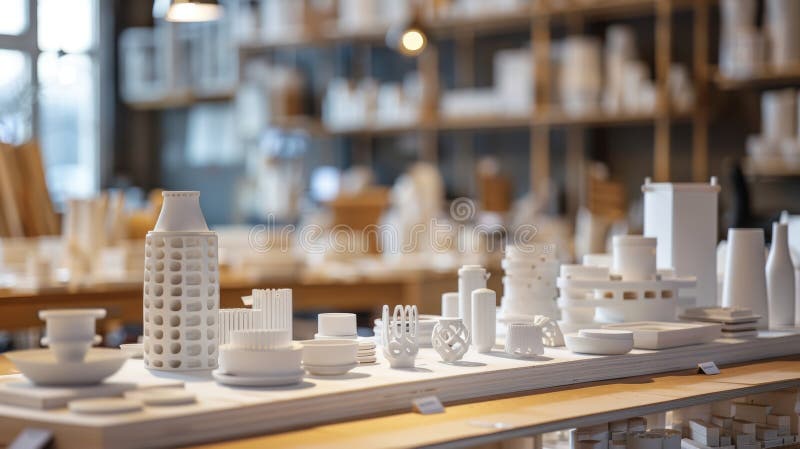 3D Printed White Miniature Models in Workshop Stock Photo - Image of ...