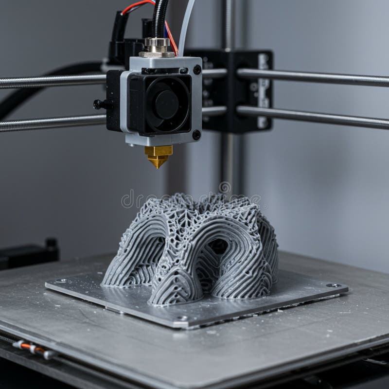 3D Printer in Action, Crafting a Complex Gray Structure with Layered ...