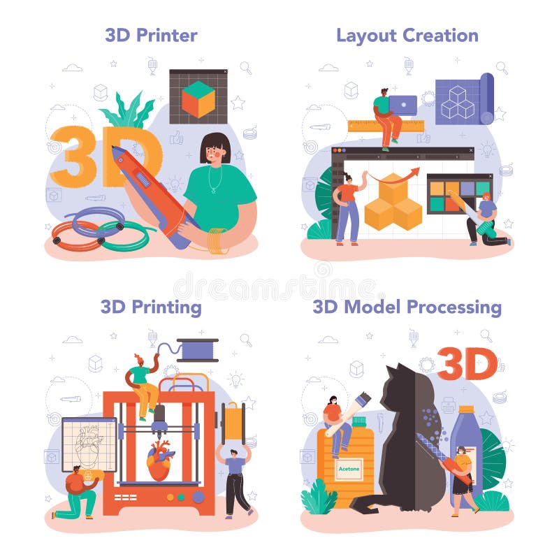 3D Printer Concept Set. Digital Designer Drawing with Electronic Tools ...