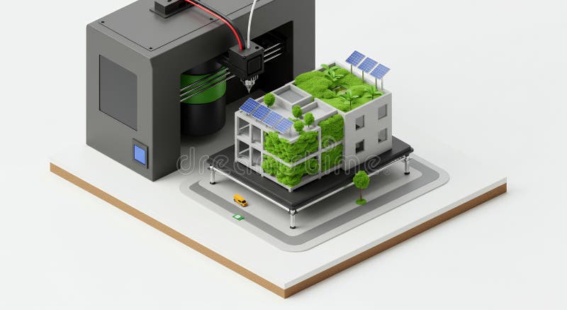 3D Printer Constructing Eco Building with Solar Panels and Green Roof ...