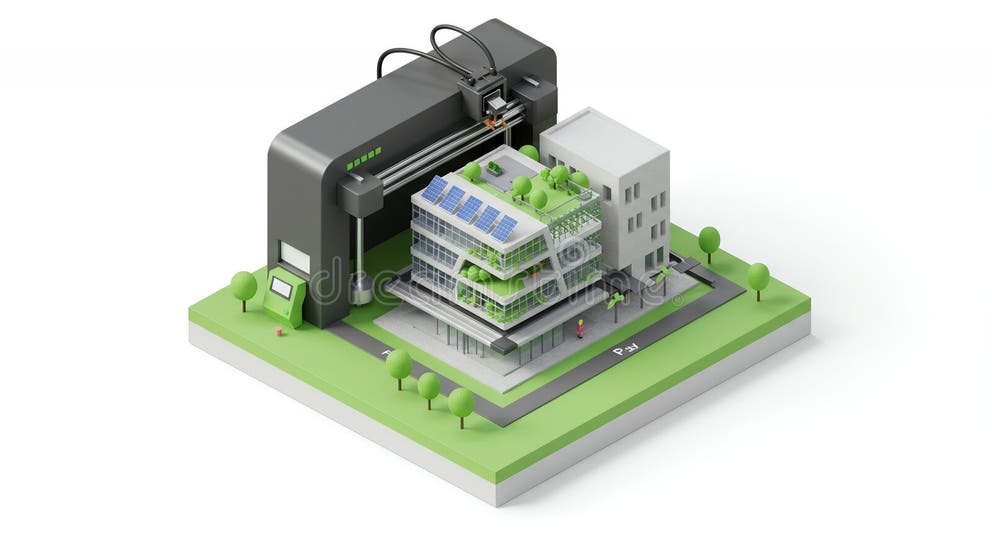 3D Printer Constructing Modern Green Building with Solar Panels in ...
