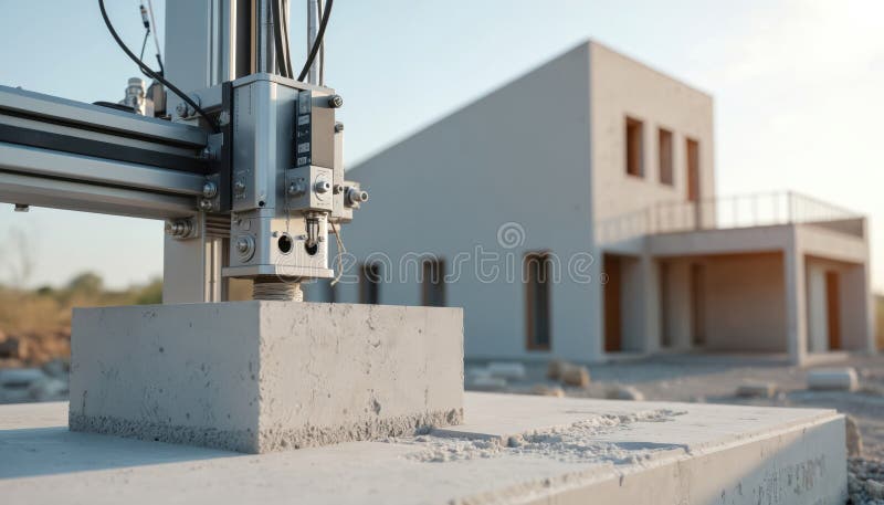 3D Printer Constructs Concrete Block Modern House. Industrial ...