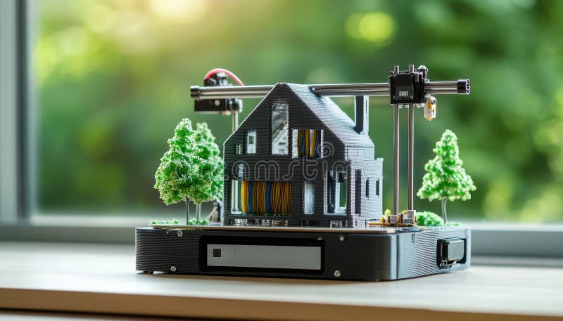3D Printer Creating a Miniature Model of a House with Green Trees ...