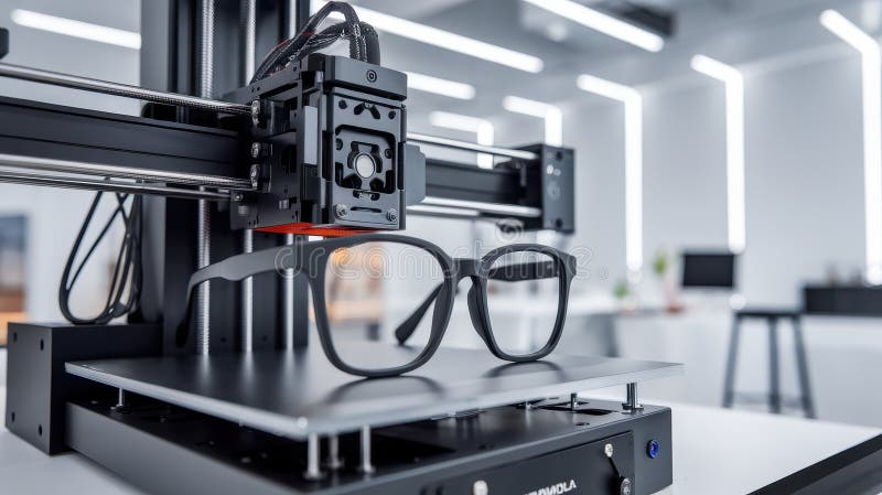 A 3D Printer Crafting Stylish Black Eyeglasses in a Modern Workspace ...