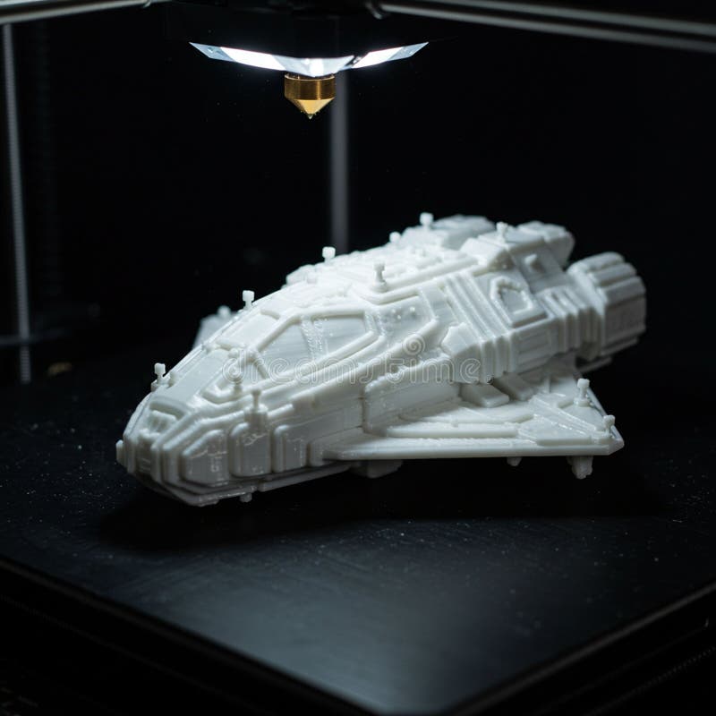A 3D Printer Creates a Detailed White Plastic Model of a Spaceship. the ...