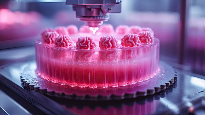 A 3D Printer Creates a Pink Cake with Intricate Frosting Designs Stock ...