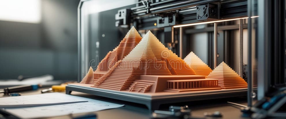 3D Printer Creating a Detailed Model of Pyramids on a Workbench in a Modern Workshop Setting ...