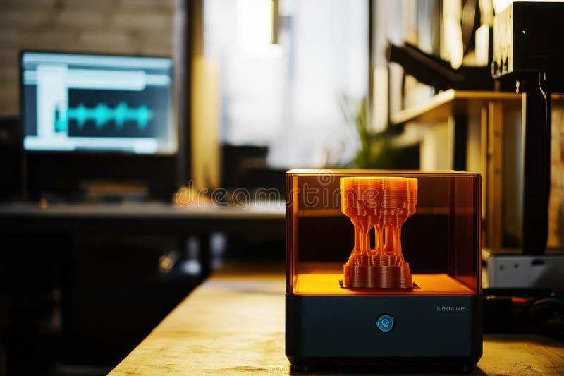 3D Printer Creating Detailed Orange Model in a Modern Workspace with ...