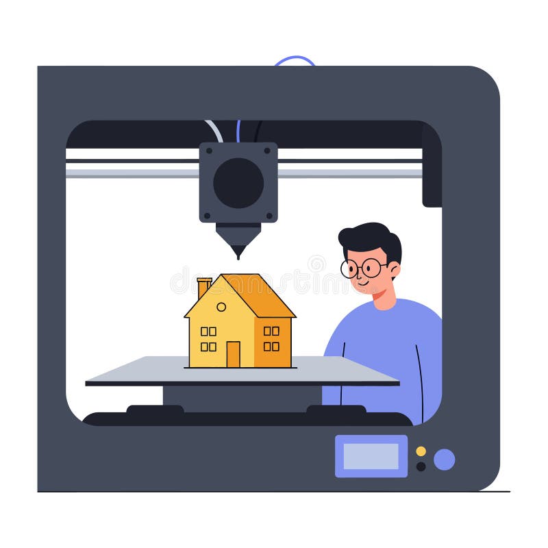 3D Printer Creating House Model with Man Observing Technology ...