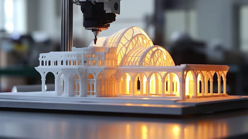 3d Printer Creating Model of Illuminated Building Stock Image - Image ...