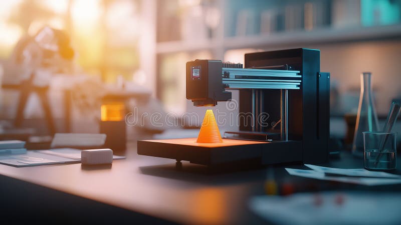3D Printer is Creating Orange Cone on Desk Surrounded by Various Tools ...