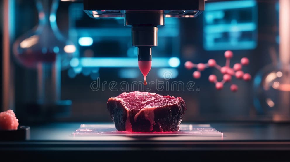 A 3D Printer Creating a Raw Beef Steak. Its Nozzle Extrudes Red ...