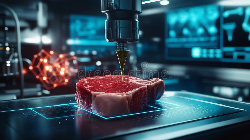 A 3D Printer Creating a Raw Beef Steak. Its Nozzle Extrudes Red ...