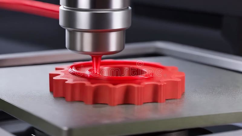 3D Printer Creating a Red Gear Shape on a Flat Surface in a Workshop ...