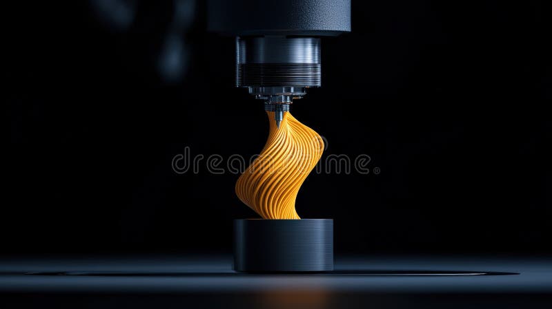 3D Printer Creating a Unique Yellow Filament Design Against a Dark ...