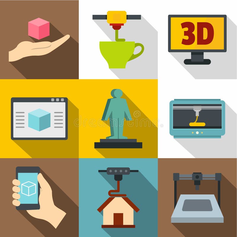 3D Printer Icons Set, Flat Style Stock Vector - Illustration of ...