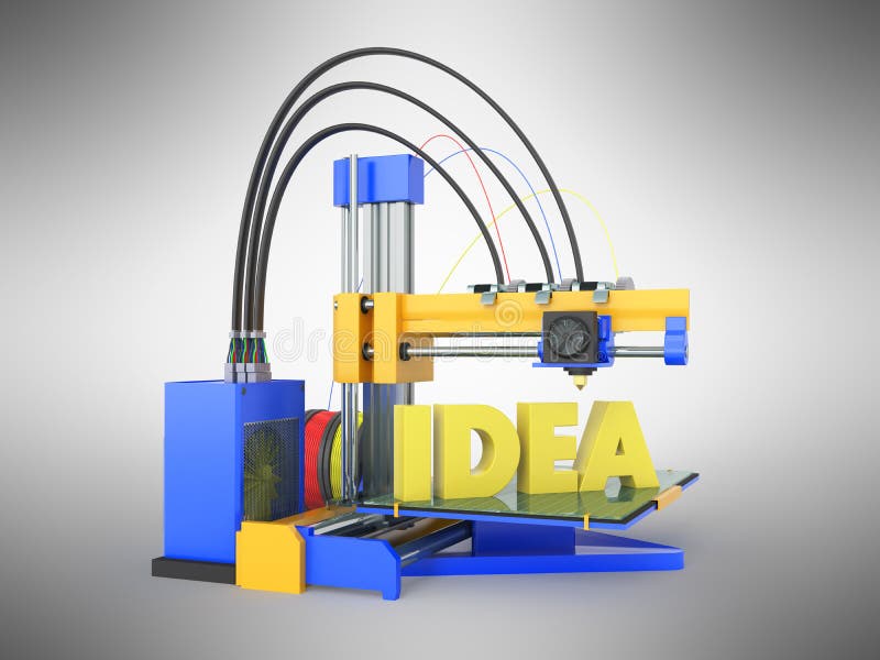 3d Printer Idea Front Yellow Blue 3d Rendering on Gray Background Stock ...