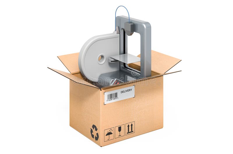 3D Printer Inside Cardboard Box, Delivery Concept. 3D Rendering Stock ...