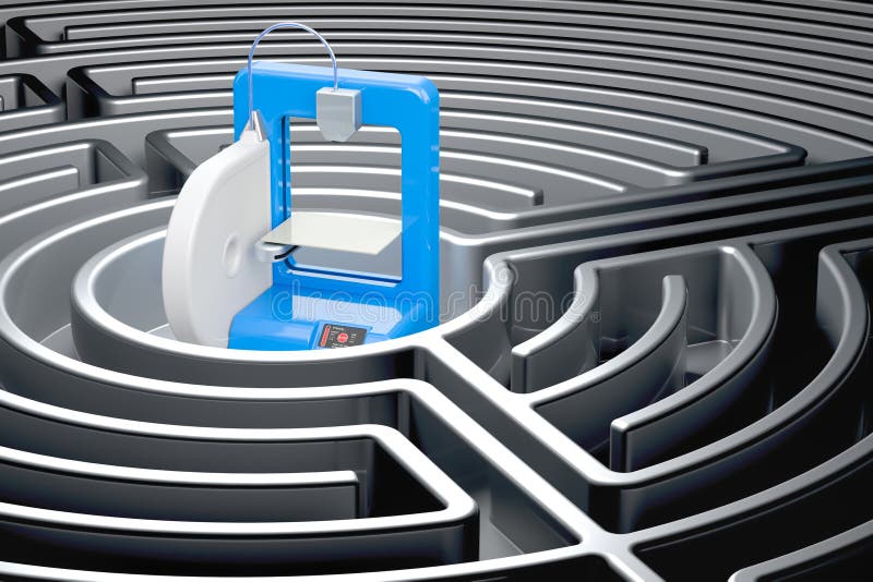 3D Printer Inside Labyrinth Maze. 3D Rendering Stock Illustration ...