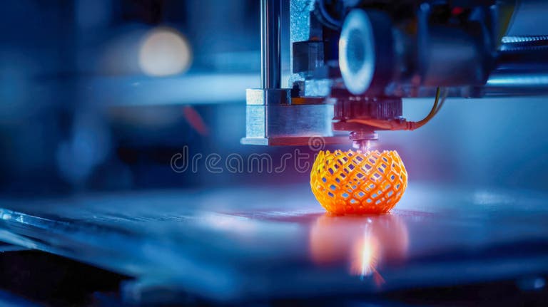 3D Printer Manufacturing a Complex Orange Geometric Object with Precise ...