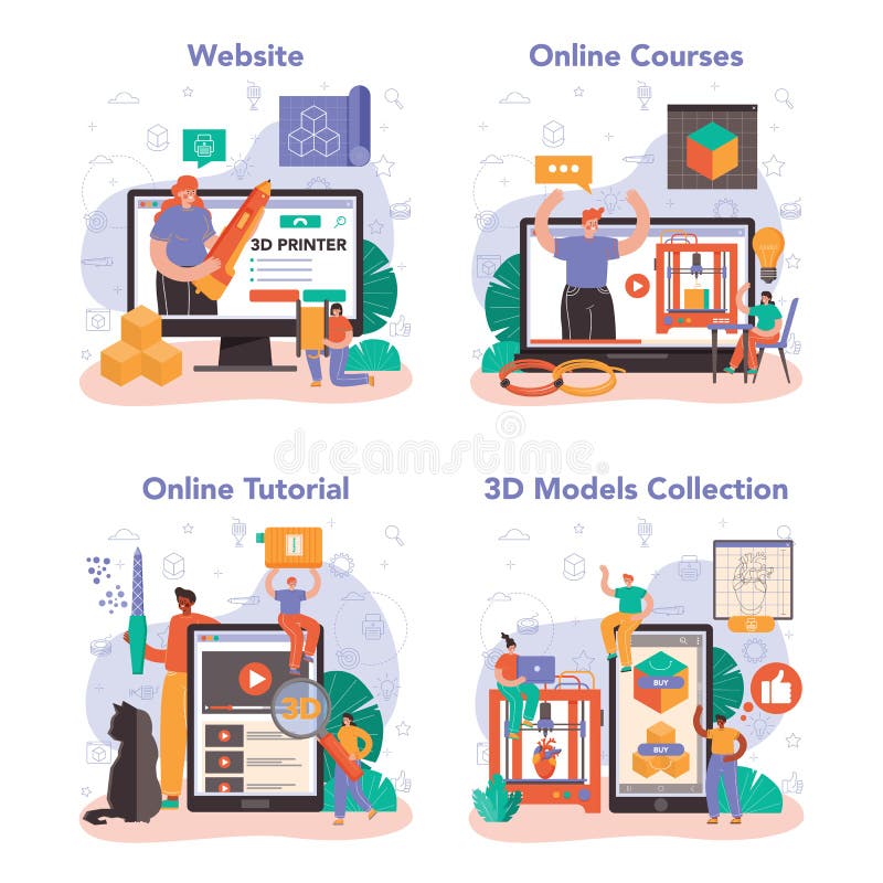 3D Printer Online Service or Platform Set. Digital Designer Drawing ...