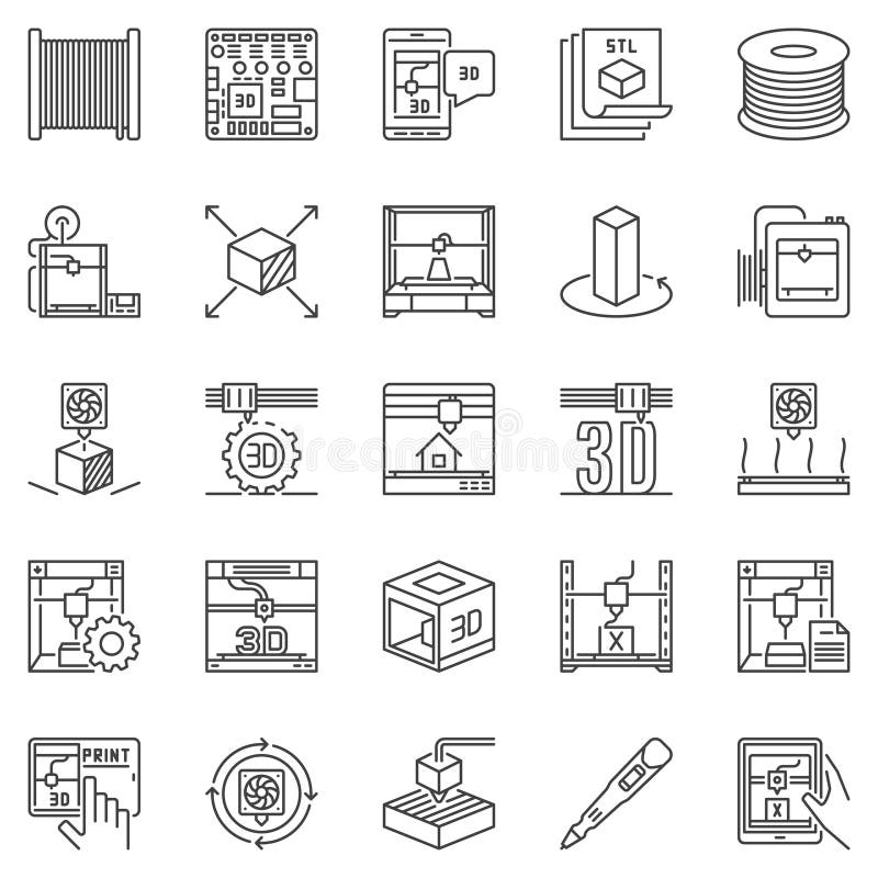 3D Printer Outline Icons Set - Additive Manufacturing and Printing ...