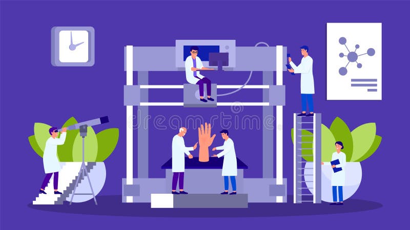 3D Printer and People Scientists Group Laboratory Teamwork Vector ...