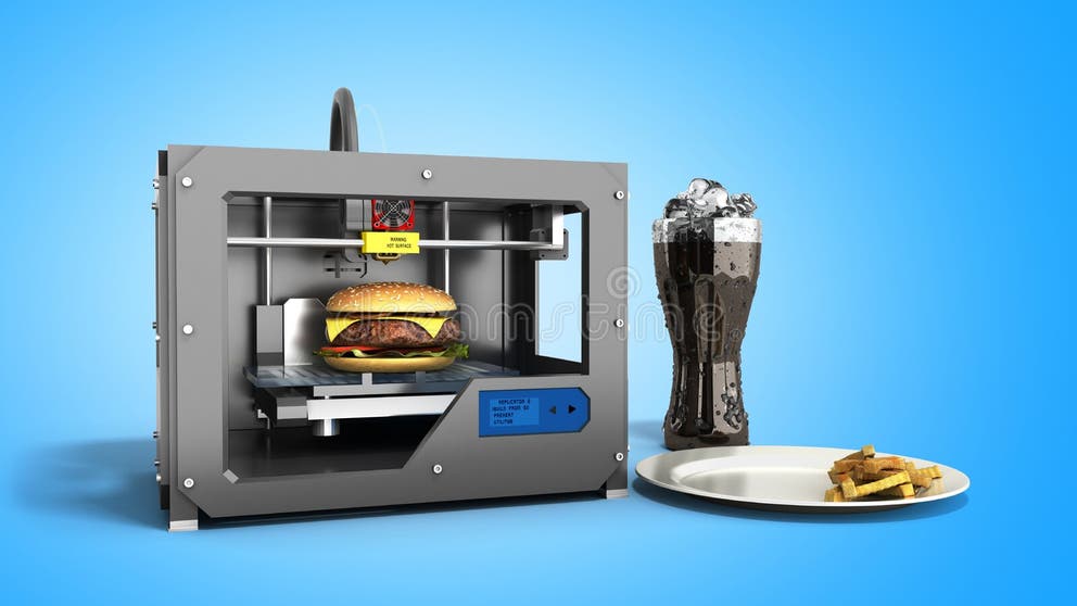 3D Printer Print Burger 3d Rendering on Blue Stock Illustration ...