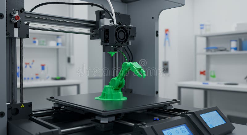 3d Printer Printing a Green Robotic Arm in a Lab Environment Stock ...
