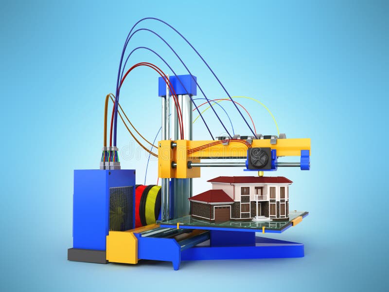 3d Printer Printing House Perspective on a Blue Background Stock ...