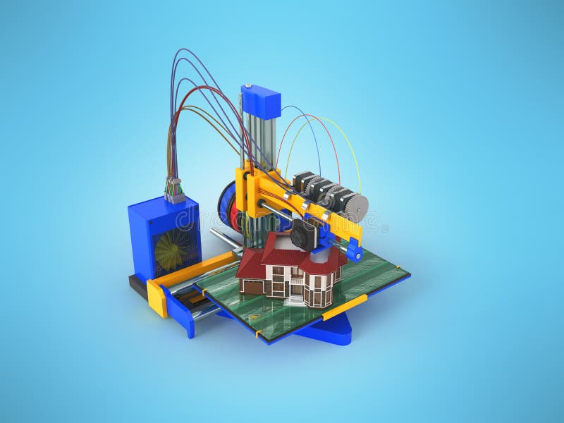 3d Printer Printing House Perspective on a Blue Background Stock ...