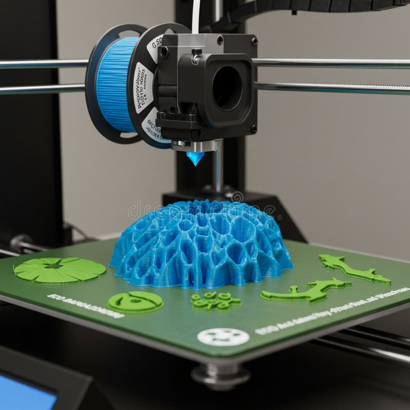 A 3D Printer is in the Process of Creating a Complex Blue Structure ...