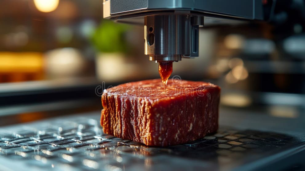 A 3D Printer in the Process of Printing a Beef Steak. the Raw Meat is ...