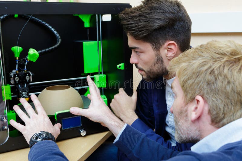 3d Printer with Two Men Looking at Monitor Screen Stock Image - Image ...