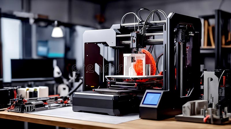 3D Printer on Workplace of Engineer Maker with Abstract Tech Schema of ...