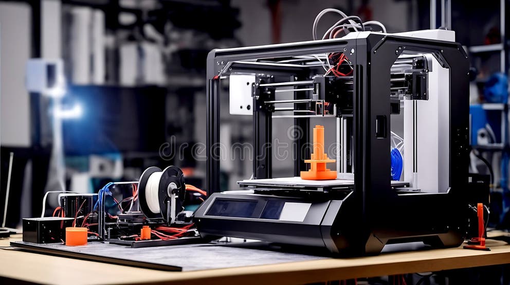 3D Printer on Workplace of Engineer Maker with Abstract Tech Schema of ...