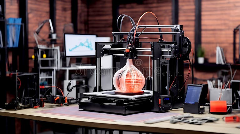 3D Printer on Workplace of Engineer Maker with Abstract Tech Schema of ...