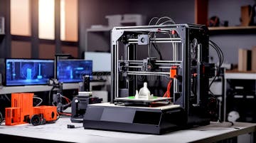 3D Printer on Workplace of Engineer Maker with Abstract Tech Schema of ...