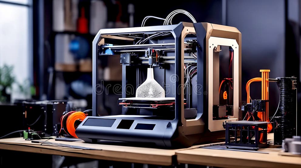 3D Printer on Workplace of Engineer Maker with Abstract Tech Schema of ...
