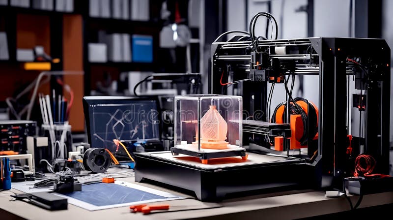3D Printer on Workplace of Engineer Maker with Abstract Tech Schema of ...