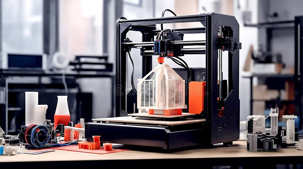 3D Printer on Workplace of Engineer Maker with Abstract Tech Schema of ...