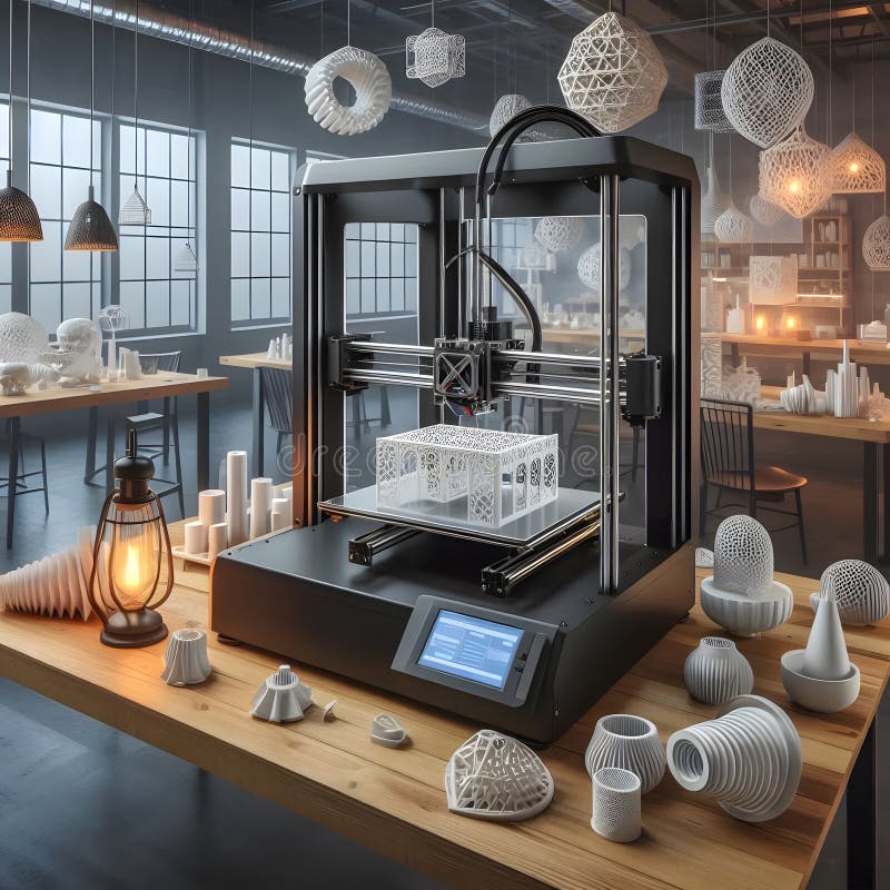 A 3D Printer in a Workshop Creates a Lattice-like Structure, Surrounded ...
