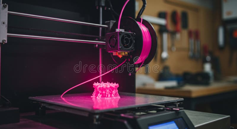 A 3D Printer in a Workshop Setting Extrudes Pink Filament To Create a ...