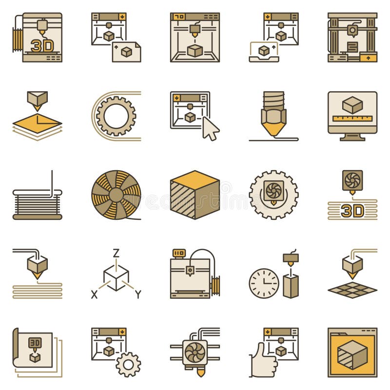3D Printing Colored Icons Set. Additive Manufacturing and Printers ...